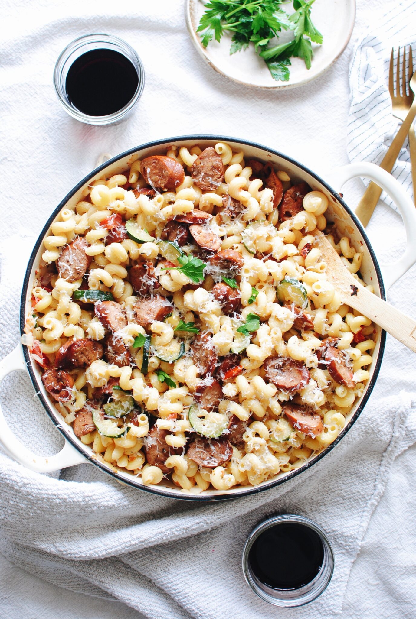 Spiral Pasta with Chicken Sausages and Zucchini - Bev Cooks
