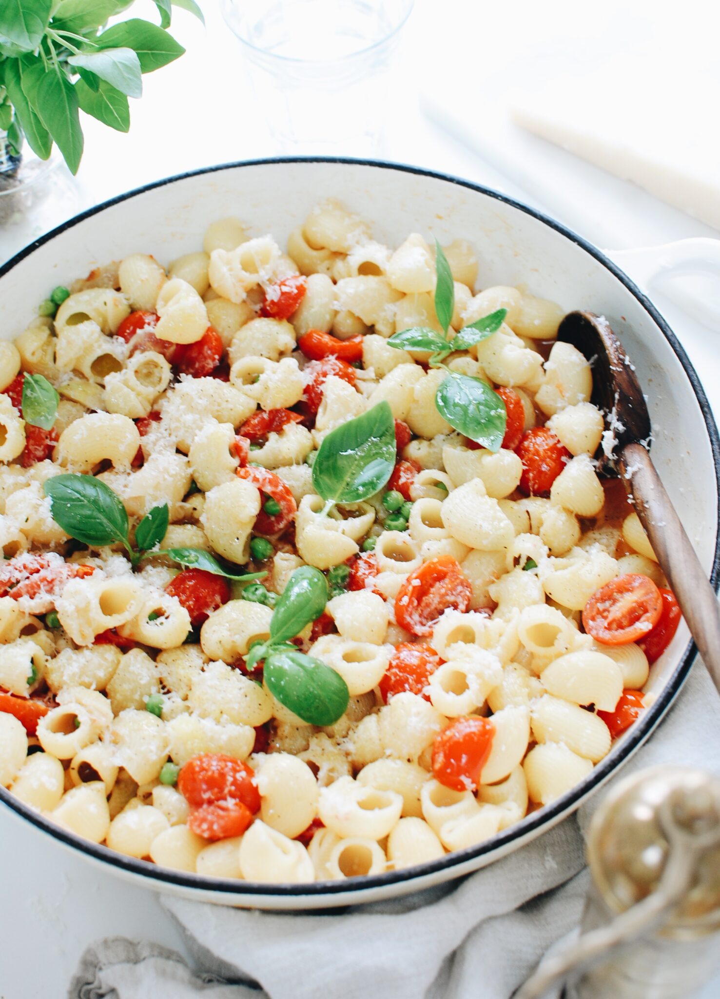 Skillet Shellbows with Shallots, Peas and Tomatoes - Bev Cooks