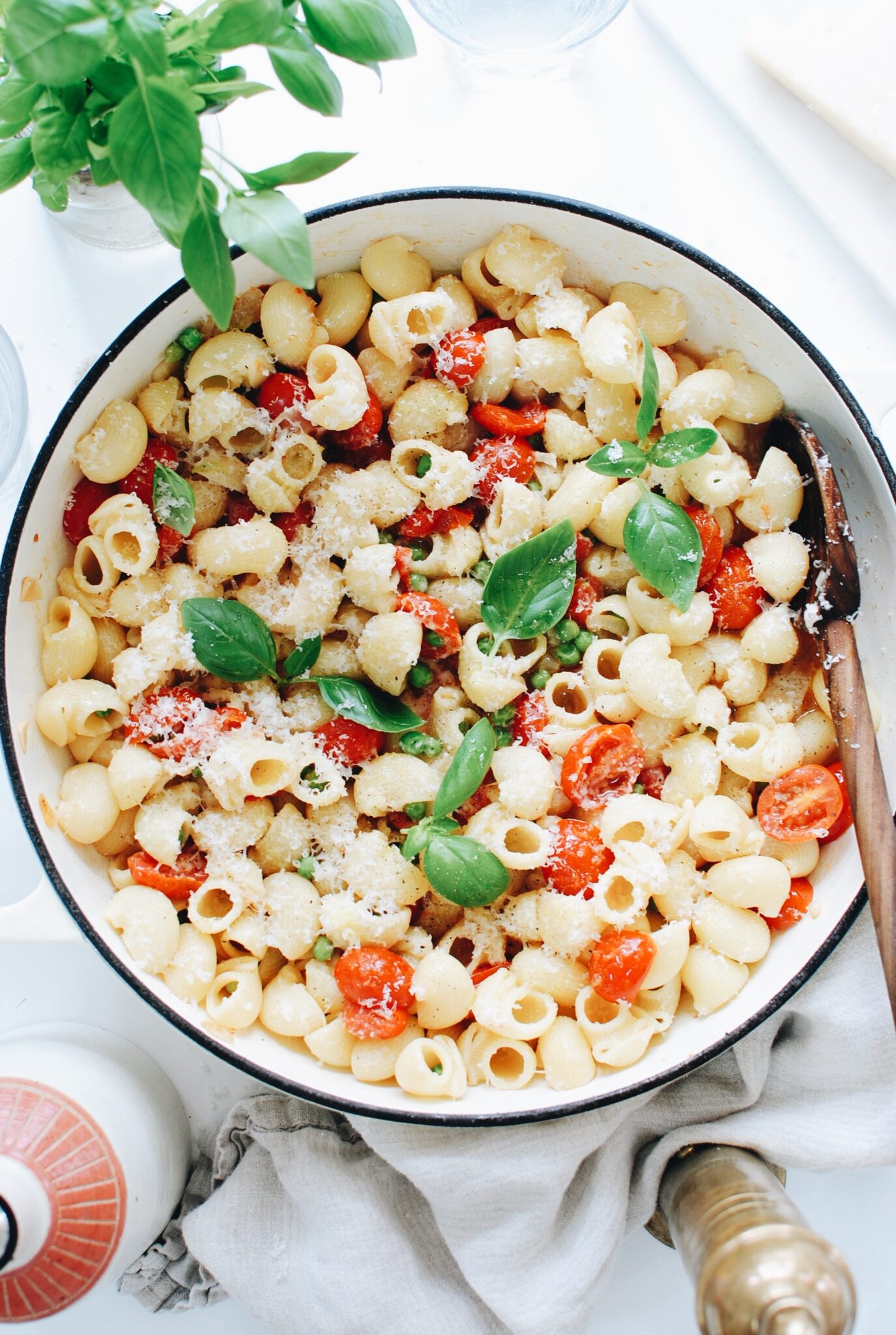 Skillet Shellbows with Shallots, Peas and Tomatoes - Bev Cooks