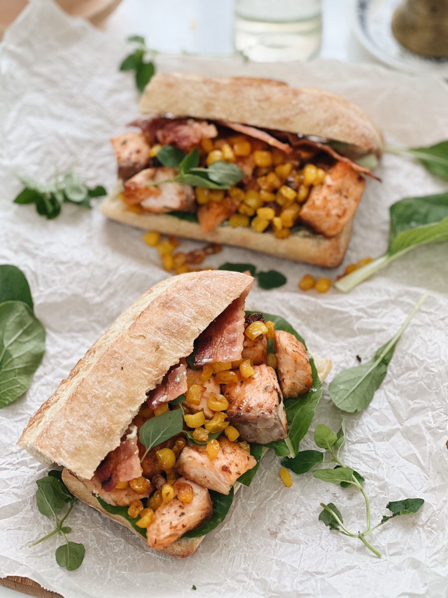 Salmon, Bacon and Roasted Corn Subs - Bev Cooks